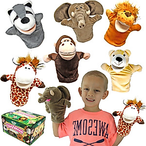 JOYIN 6Pcs Kids Hand Puppet Set with Working Mouth, Toddler Animal Plush Toy Includes Elephant, Giraffe, Lion, Bear, Raccoon and Monkey for Show Theater, Birthday Gifts