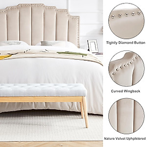 Kingfun Mid Century Headboard for Queen Size Bed,Velvet Upholstered Tufted Bed Headboard with Nailhead Decor,Adjustable Curved Solid Wood Head Board Vertical Channel Design (Medium Beige)