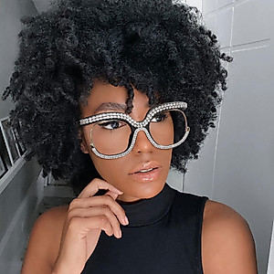 Rmerom Blue Light Blocking Oversized Glasses Stylish Fake Round Eyeglasses for Women UV400 Protection Eyewear GVA9051 (Black/Anti-blue W/Diamon)