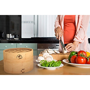 DEALZNDEALZ 3-Piece Bamboo Steamer Basket with Lid 10-inch 2-Tier, 50 Perforated Bamboo Steamer Liners with 2-Pairs of Bamboo Chopsticks