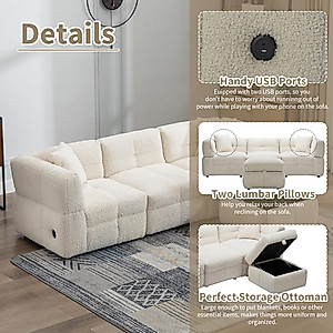 LUMISOL Large Sectional Sofa with Movable Storage Ottoman and 2 USB Ports, Teddy Fleece Fabric Sectional Sofa Couch with Lumbar Pillows, L-Shaped Sofa Couch for Living Room Apartments, Creamy White