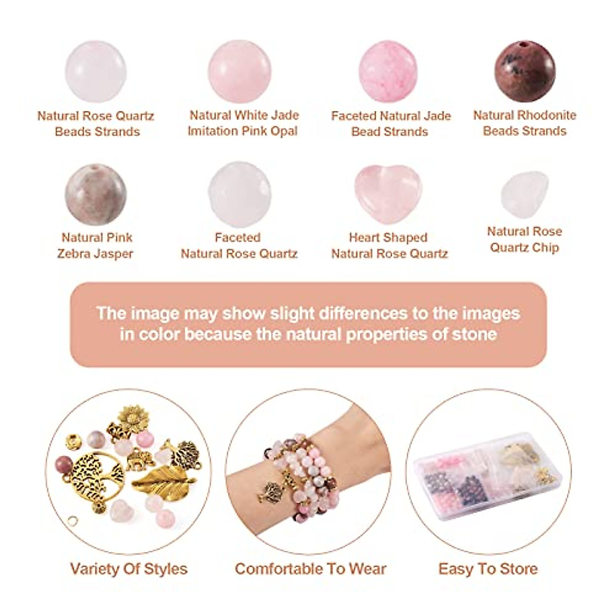 Cheriswelry Box of 8mm Gemstone Beads Bracelet Making Kit with Natural Mixed Stone Beads Rhinestone Spacer Beads Alloy Pendants Elastic Thread Jump Ring for Jewelry Making Crafts (254Pcs/Box)