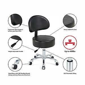 Lilfurni Swivel Rolling Stool Round Chair,Thick Sturdy Padding,Adjustable Stool with Wheels for Doctor,Medical,Massage Salon,Office,Shop(Black) (with Back, Black)
