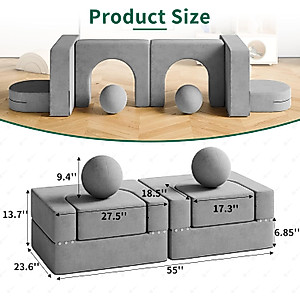 8 Pcs Kids Couch, Modular Kids Play Couch, Fold Out Toddler Couch Building Fort with Balls for Playroom, Convertible Kids Floor Sofa and Foam Couch for Boys and Girls, 30+ Creativity - Grey