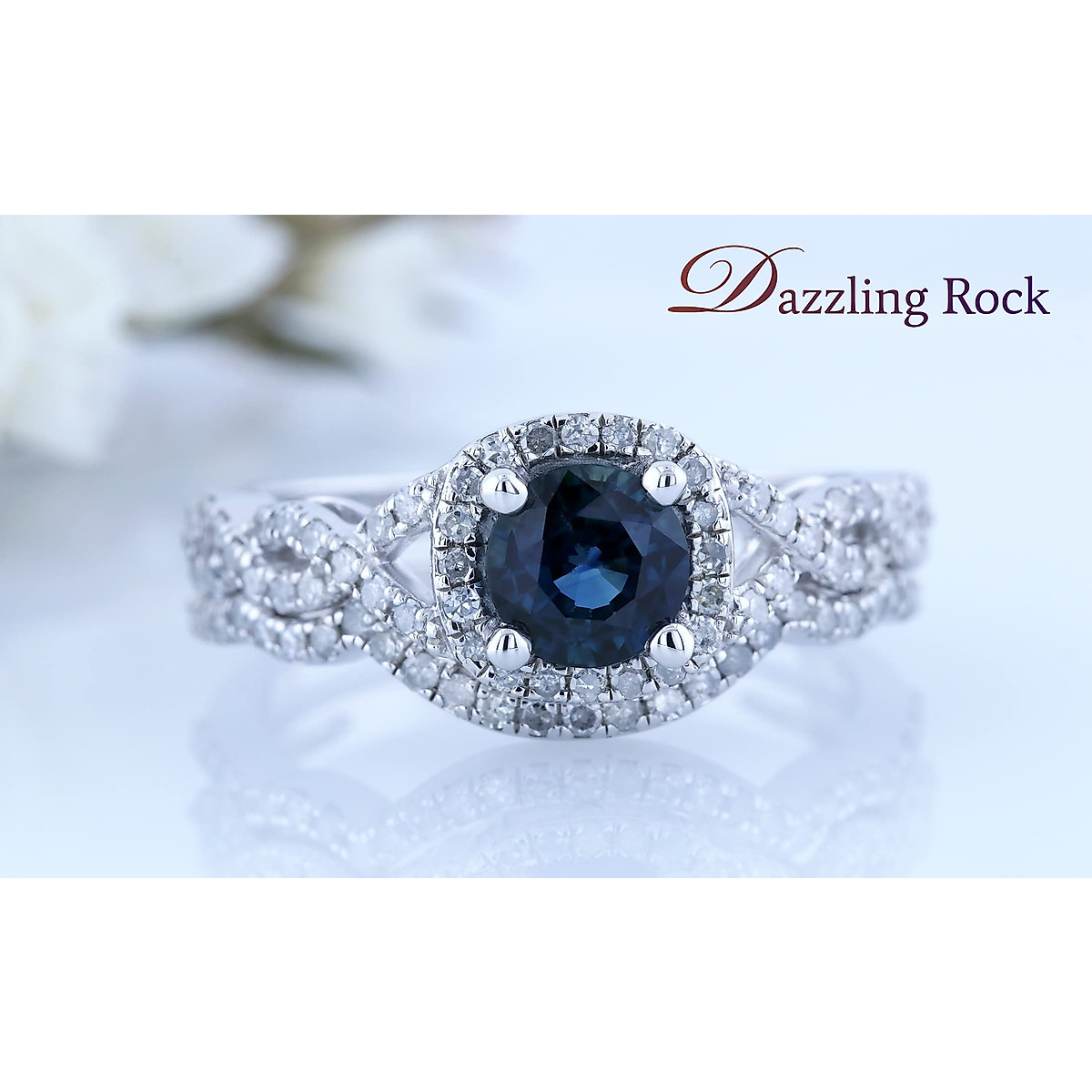 Dazzlingrock Collection 5.8mm Round Blue Sapphire & White Diamond Infinity Swirl Halo Wedding Ring Set for Women in 14K White Gold Size 9