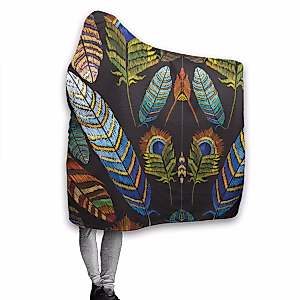321DESIGN Bird Feather Wearable Blanket Fleece Hooded Robe Cloak Throw Quilt Poncho Microfiber Sherpa Plush Warm Wrap Multiple-Size Cape Adult Size 80 x 60 Inch