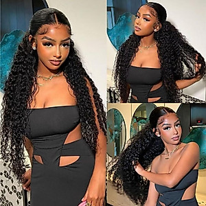 Juvid 13X6 Curly Lace Front Wigs Human Hair 13x6 HD Lace Jerry Curly Frontal Wig for Women 180% Density Glueless Kinky Curly Wigs Pre Plucked Wet and Wavy Deep Wave Wig Natural Black 24 inch