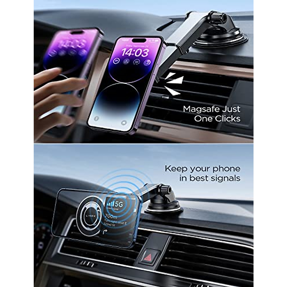 LISEN Compatible for Magsafe Car Mount for iPhone, 16 Strong Permanent Magnets Dashboard Phone Holder [Super Suction] iPhone Magsafe Car Mount Fit for iPhone 14 13 12 Pro Mini Magsafe Case All Phones