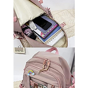 LELEBEAR Kawaii Backpack with Kawaii Pin And Accessories, Cute Preppy Aesthetic Sage Green Backpack for Girls (Pink)