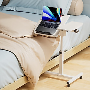 MoNiBloom Mobile Laptop Desk 75° Tiltable Height Adjustable Rolling Laptop Sofa Bed Side Table Couch Computer Desk Stand with Wheels for Home Office Classroom, White