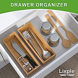 Lixple Bamboo Drawer Organizer - Set of 2, Stackable Storage Box, Silverware Tray for Drawer, Small Gadgets Holder 9” x 3” x 2”