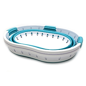 SAMMART 36L (9.5 gallon) Collapsible 3 handled Plastic Laundry Basket - Oval Basket - Foldable Storage Container/Organizer - Space Saving Laundry Hamper (2, White/Bright Blue)