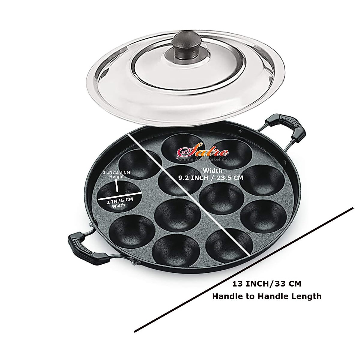 Satre Online And Marketing Non Stick Aluminium Appam Pan with Steel Lid, 12 Pits, Black & Silver