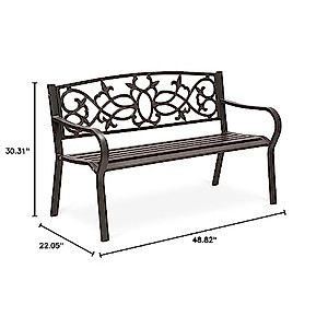 Outogether Steel Bench Metal Bench for Outdoor, Garden Bench for Patio Porch Backyard, Floral Design Backrest Slatted Seat (Brown)