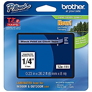 Genuine Brother 1/4" (6mm) Black on Clear TZe P-Touch Tape for Brother PT-6100, PT6100 Label Maker