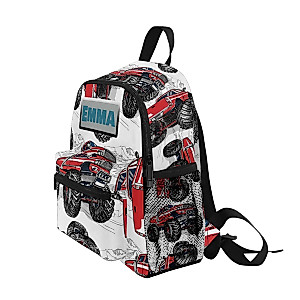 Aflyko Custom Name Kids Backpack Red Bravo Monster Truck Personalized Daycare Bookbag Kindergarten Daypack for Toddler Girls Boys 10" × 4" × 12"