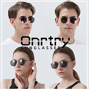 Onrtry Small Round Polarized Sunglasses for Men Women Classic Circle Metal Frame Sun Glasses 2 Pack (Gold/Black + Black/Black)