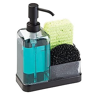 mDesign Plastic Kitchen Sink Countertop Hand Soap Dispenser Pump Bottle Caddy Organizer Holder with Storage for Bathroom - Holds Dish Sponge and Brushes - Omni Collection - Graphite/Matte Black