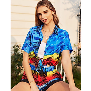 COOFANDY Womens Floral Blouse Set Hawaiian 2 Piece Outfit Button Lounge Beach Tracksuits