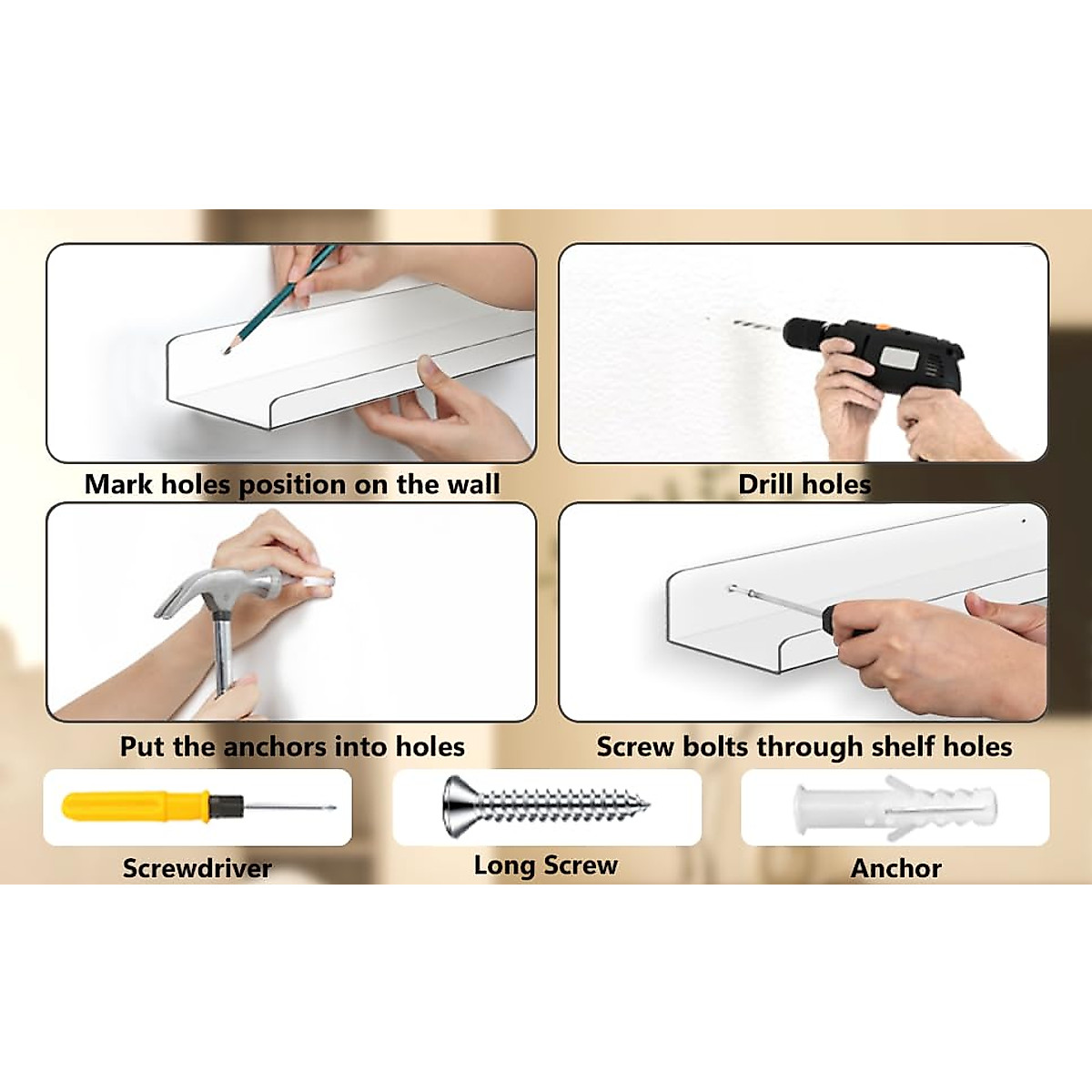 LIKMYPICK 4 Pack Acrylic Shelves for Wall, 15" Clear Floating Shelves for Bathroom,Bedroom,Kitchen, Floating Wall Shelves for Wall Decor Display Book,Photo,Makeup, Mounted with Screwdriver