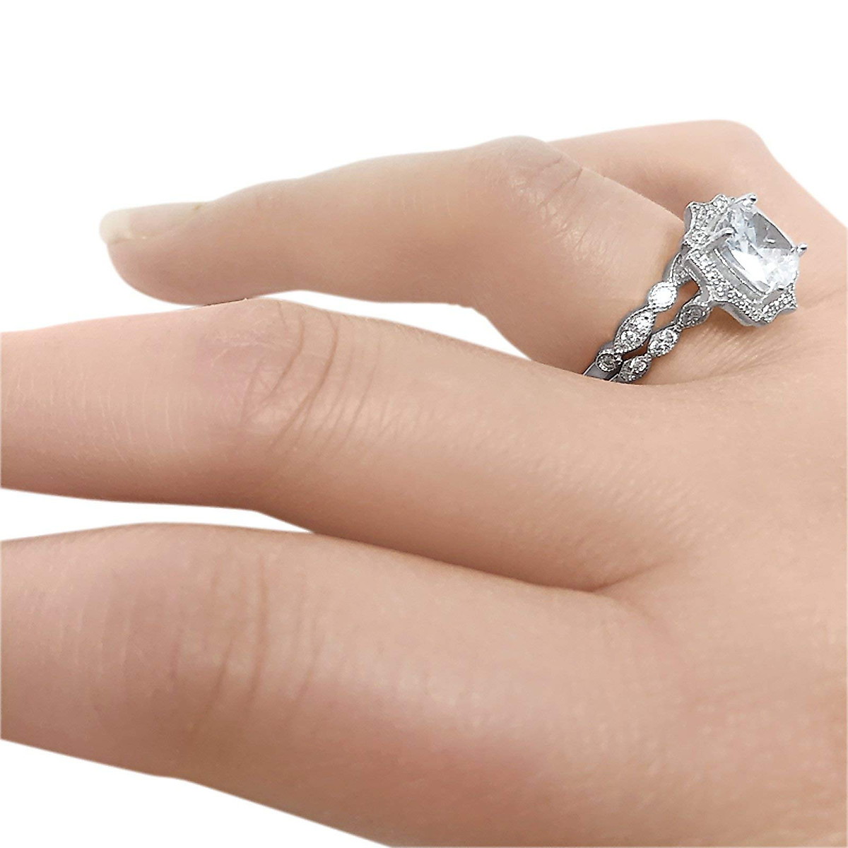 Blue Apple Co. Two Piece Art Deco Wedding Engagement Ring Band Cushion Cubic Zirconia 925 Sterling Silver Size - 7