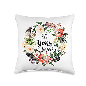 Teelaka Store 90 Years Loved, 90th Birthday Gifts for Women, Grandma Throw Pillow, 16x16, Multicolor
