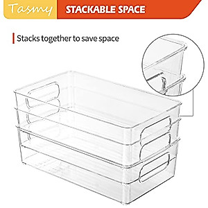 Tasmy Set of 4 Refrigerator Organizer Bins - Stackable Fridge Organizers with Handles for Freezer, Kitchen, Countertops, Cabinets - Clear Plastic Pantry Food Storage Rack, BPA Free