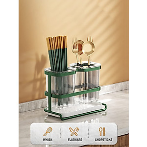 FEIJSQIU Utensil Holder with 2 Compartments Cooking Utensil Holder for Cooking Tools Storage and Utensil Organizer Utensil Drying Rack has Tray at Bottom for Easy Drainage.Clean Easy (Green)