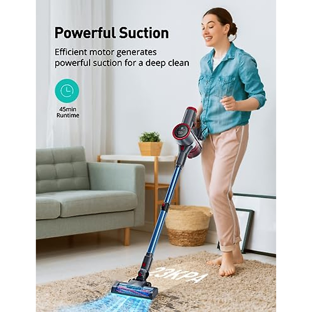Aspiron Cordless Vacuum Cleaner, Vacuum Cleaners for Home with Large LED Touch Display, Brushless Motor, LED Headlights, Handheld Vacuum for Hard Floors, Carpets, Sofa, Car, Grey