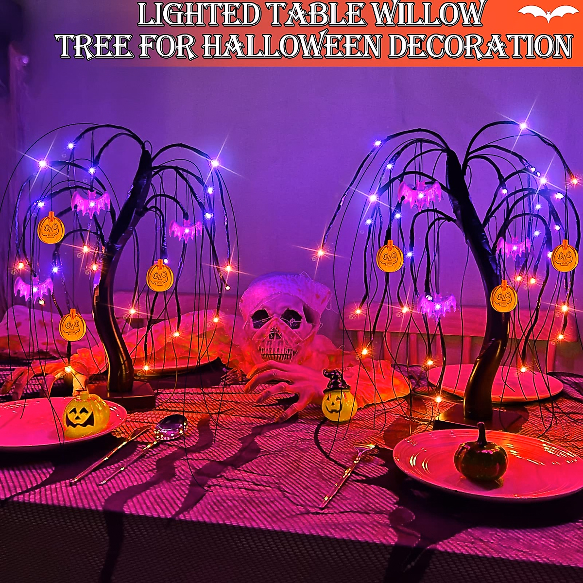 [ Orange & Purple ] 2 Pack Halloween Spooky Tree Decor with Timer 48 LED Lighted DIY 6 Pumpkins & 6 Bats 18 Inch Battery Operated Tabletop Artificial Black Tree Halloween Decor for Indoor Home Holiday