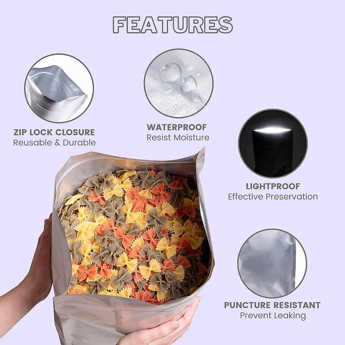 5 Gallon Mylar Bags For Food Storage with Ziplock -20pcs 14Mil Extra Thick For Long Term Storing, Dry Aging & Heat Vacuum Seal, 17x26" Large Resealable Myler Bag, 2000cc Oxygen Absorbers & Labels Pack