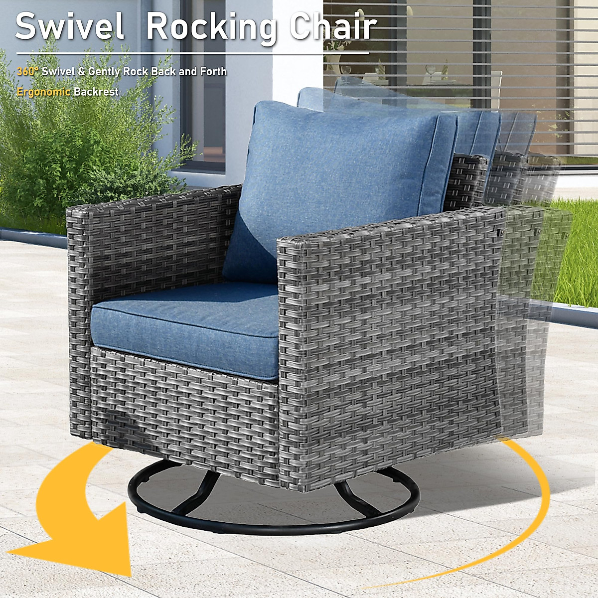 HOOOWOOO Patio Outdoor Conversation Set with Fire Pit Table,6 Piece Modern Outside Furniture with Swivel Rocking Chairs,PE Wicker Out Door Furniture Sofa Set(Denim Blue)