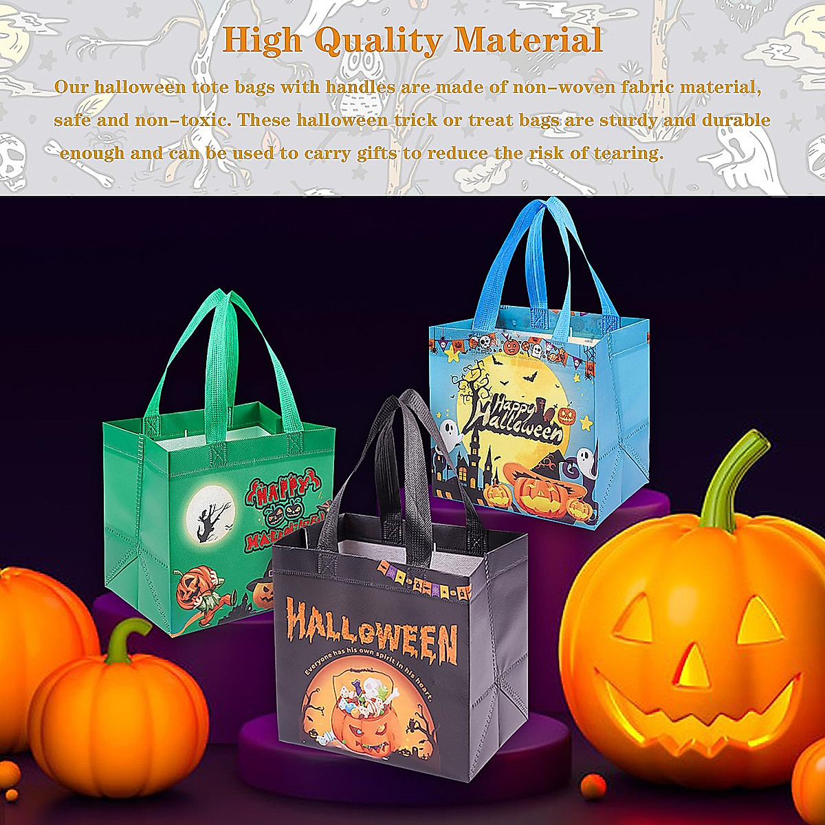 6PCS Halloween Bronzing Trick or Treat Bags, Halloween Tote Bags with Handles, Metallic Printing Halloween Treat Bags, Reusable Non-Woven Gift Bags for Gifts Wrapping, Halloween Party Supplies