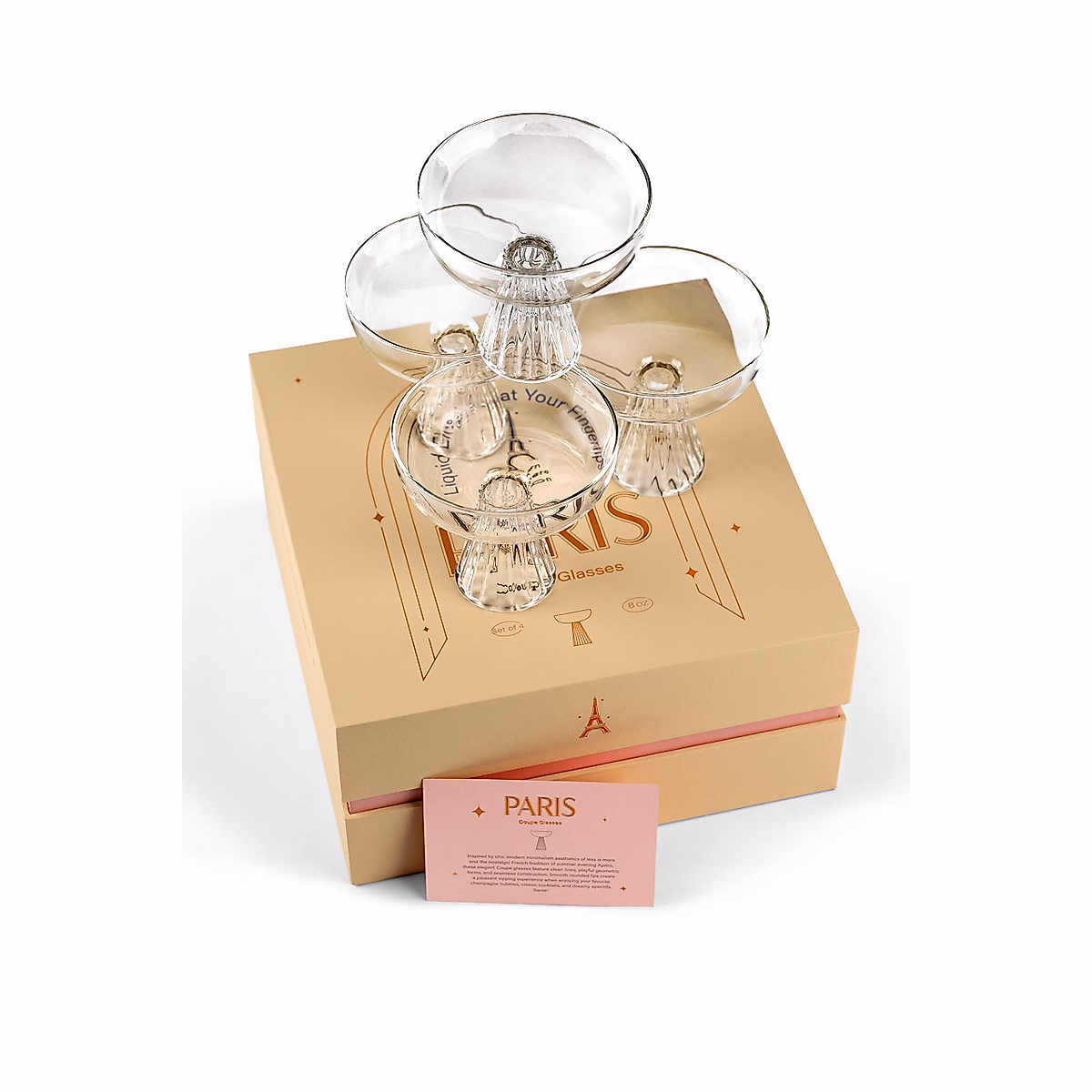 Paris Coupe Cocktail and Champagne Glasses for Daiquiri, Sidecar, Gimlet and Classic Bar Drinks | Modern Glassware Collection | Set of 4 | 8 oz Extra Light Contemporary Borosilicate Saucers