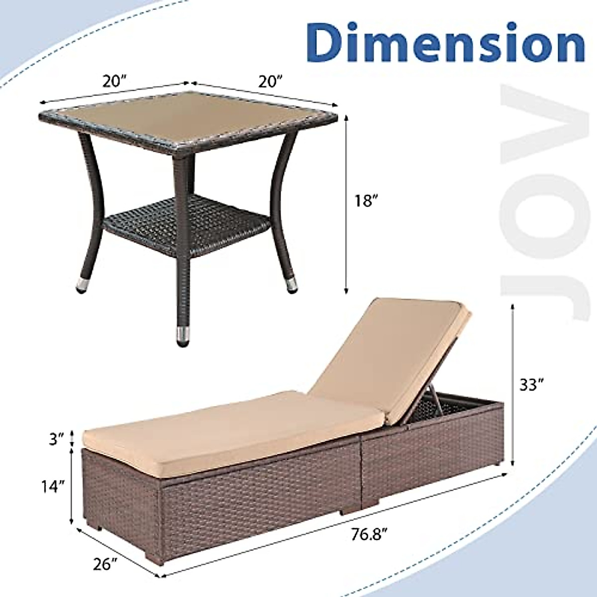 JOIVI Outdoor Chaise Lounge Chair, 3 Piece Patio Pool Lounge Chairs with Coffee Table & Covers for Outside, Rattan Reclining Chaise Lounger with Adjustable Backrest and Removable Beige Cushion