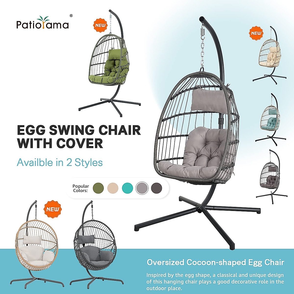 Patiorama Indoor Outdoor Egg Swing Chair with Stand, Patio Grey Wicker Rattan Hanging Chair with Rope Back, Cushion,Cover,All Weather Foldable Hammock Chair for Bedroom, Garden (Light Grey)