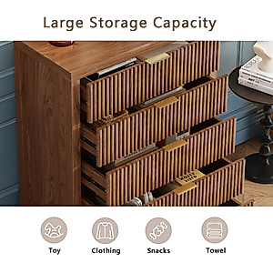 MJADUE Fluted 5 Drawers Dresser, 43" Tall Modern Chest of Drawers Wood Drawer Organizer Dresser for Bedroom Chest of Drawers for Bedroom, Living Room, Hallway, Entryway, Walnut Oak