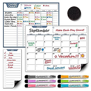 Magnetic Dry Erase Chore Chart, Calendar, and to-Do List for Refrigerator: 3 Boards, 6 Markers, and Eraser