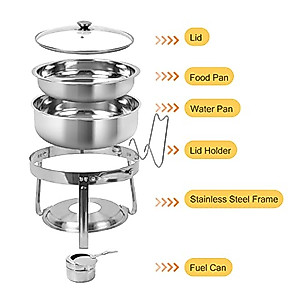 BriSunshine 4 Packs Round Chafing Dish Buffet Set, 4 QT Stainless Steel Chafing Dishes with Glass Lid & Lid Holder, Catering Food Warmers for Parties Buffet Weddings Events