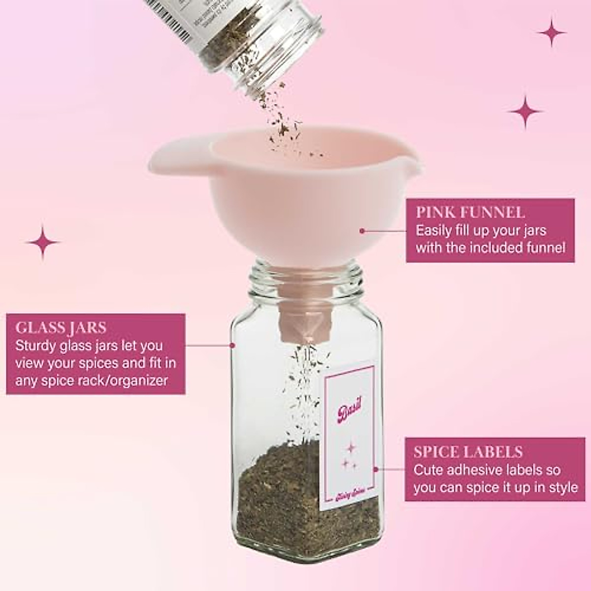 Paris Hilton Glass Spice Jar Storage Set, 4-Ounce Empty Spice Jars with Labels, Shaker Caps and Metal Lids, Collapsible Funnel Included, 20-Piece, Pink
