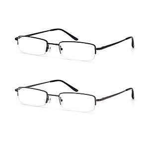 HIGHLIKE 2-Pack Blue Light Blocking Reading Glasses with Hard Cases, Semi Frame Spring Hinge Readers Glasses,Black Gunmetal 1.5 x