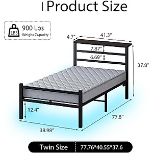 REVOMINCA Twin Bed Frame with Charging Station, Metal Platform Bed Frame with LED Lights, Storage Headboard, Heavy Duty Steel Slats, No Noise, Easy Assembly