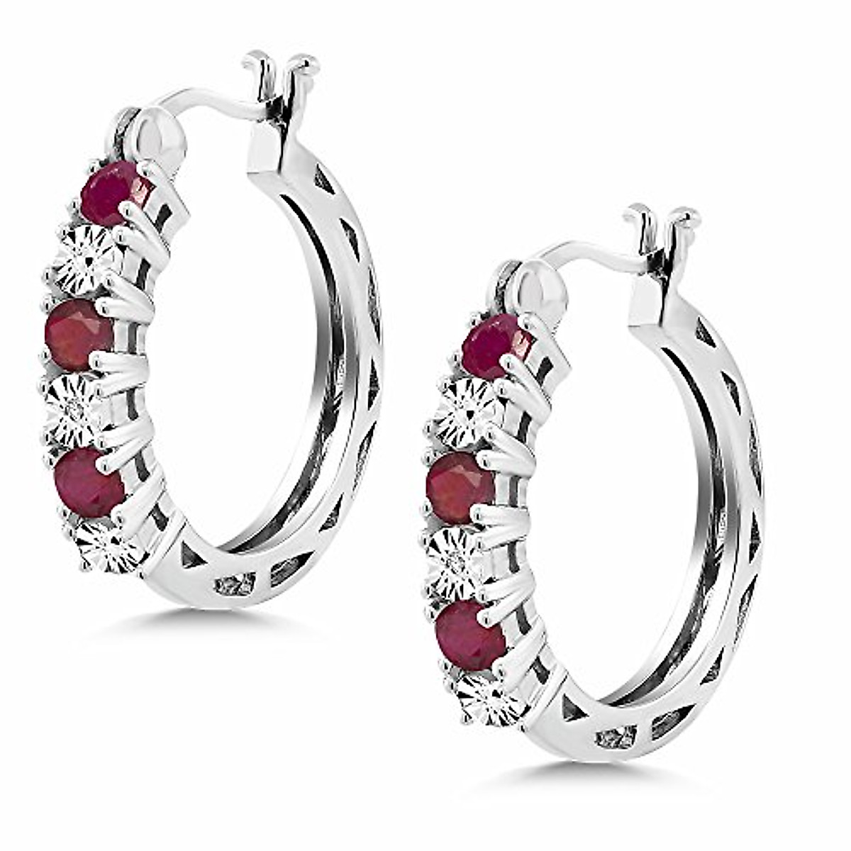 Gem Stone King 925 Sterling Silver Red Ruby and White Lab Grown Diamond Accent Women's Hoop Earrings (0.83 Cttw, 22MM = 0.85 inches Diameter)