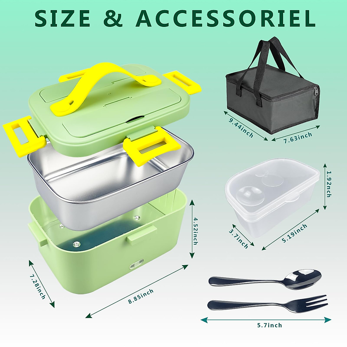 Electric Lunch Box,Fast 75W Food Heater,12V/24V/110V Portable Self Heating for Car Truck Home,1.8L Large-Capacity,304 Stainless Steel Container,0.45L Compartment,Fork Spoon,Carry Bag (green)