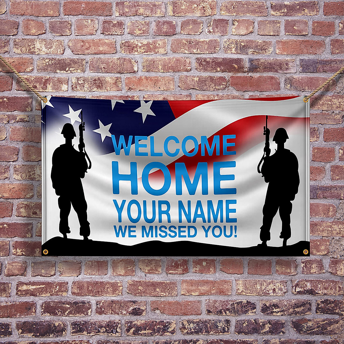 BannerBuzz Vinyl Banner, Welcome Home We Missed You Soldier, PVC Flex, 11 oz, Hemmed Edges with Grommets, Single Sided Print, Full Color 600DPI Eco Solvent Printing (10' W X 4' H)