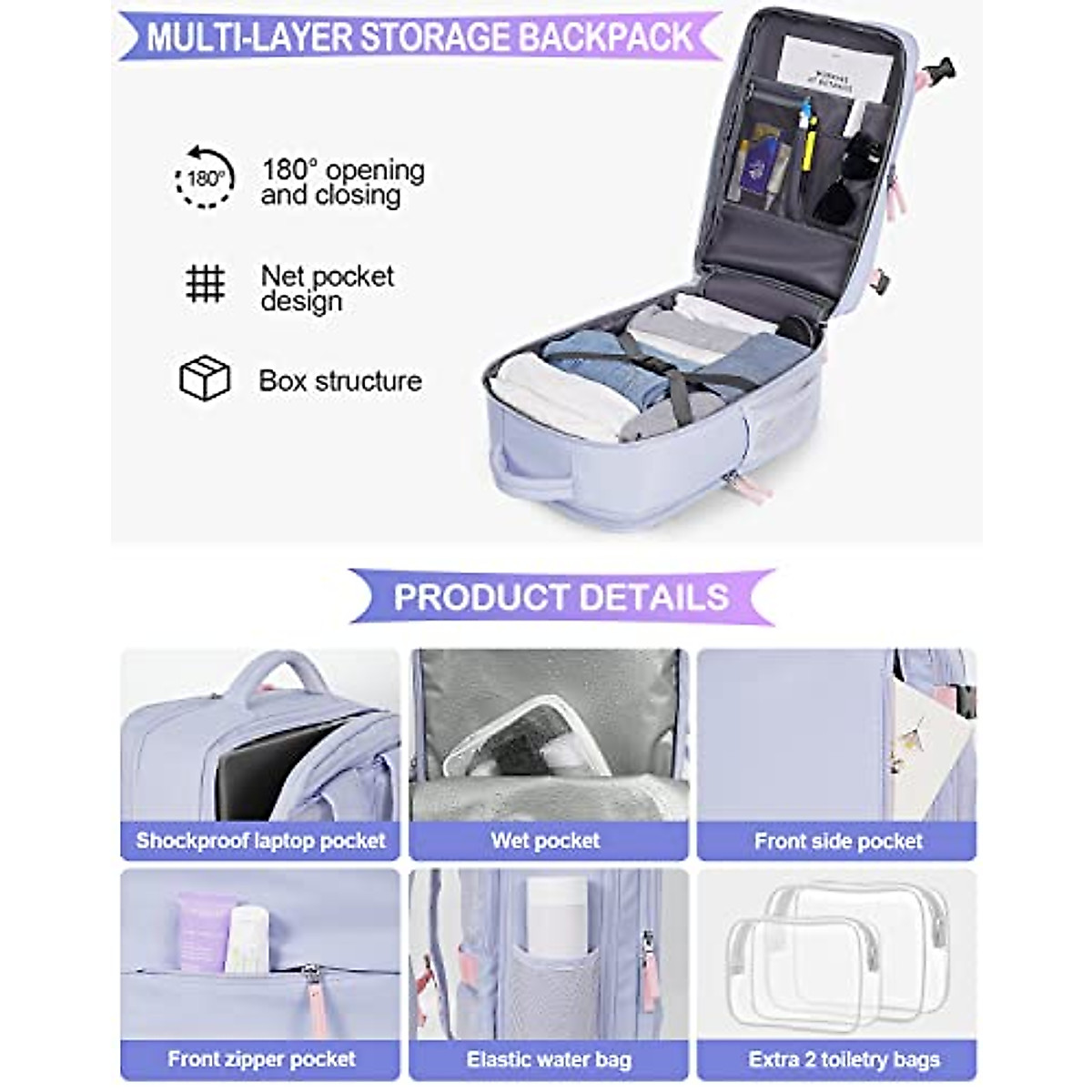 Getravel Travel Backpack for Women, Airline Approved Carry On Luggage As Personal Items, 17.3 inch Laptop Backpack, Waterproof Weekender Bag, Hiking Backpack(Purple)