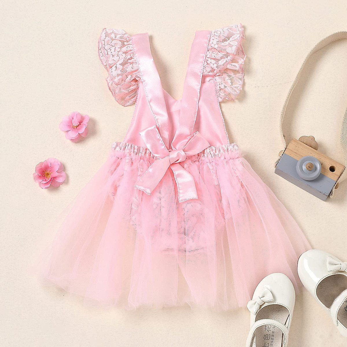 IBTOM CASTLE Baby Girl 1st Birthday Outfit Boho Ruffle Sleeveless Lace Tulle Romper Princess Tutu Dress Backless Infant Bodysuit First Birthday Photoshoot Clothes Pink+Crown 12-18 Months