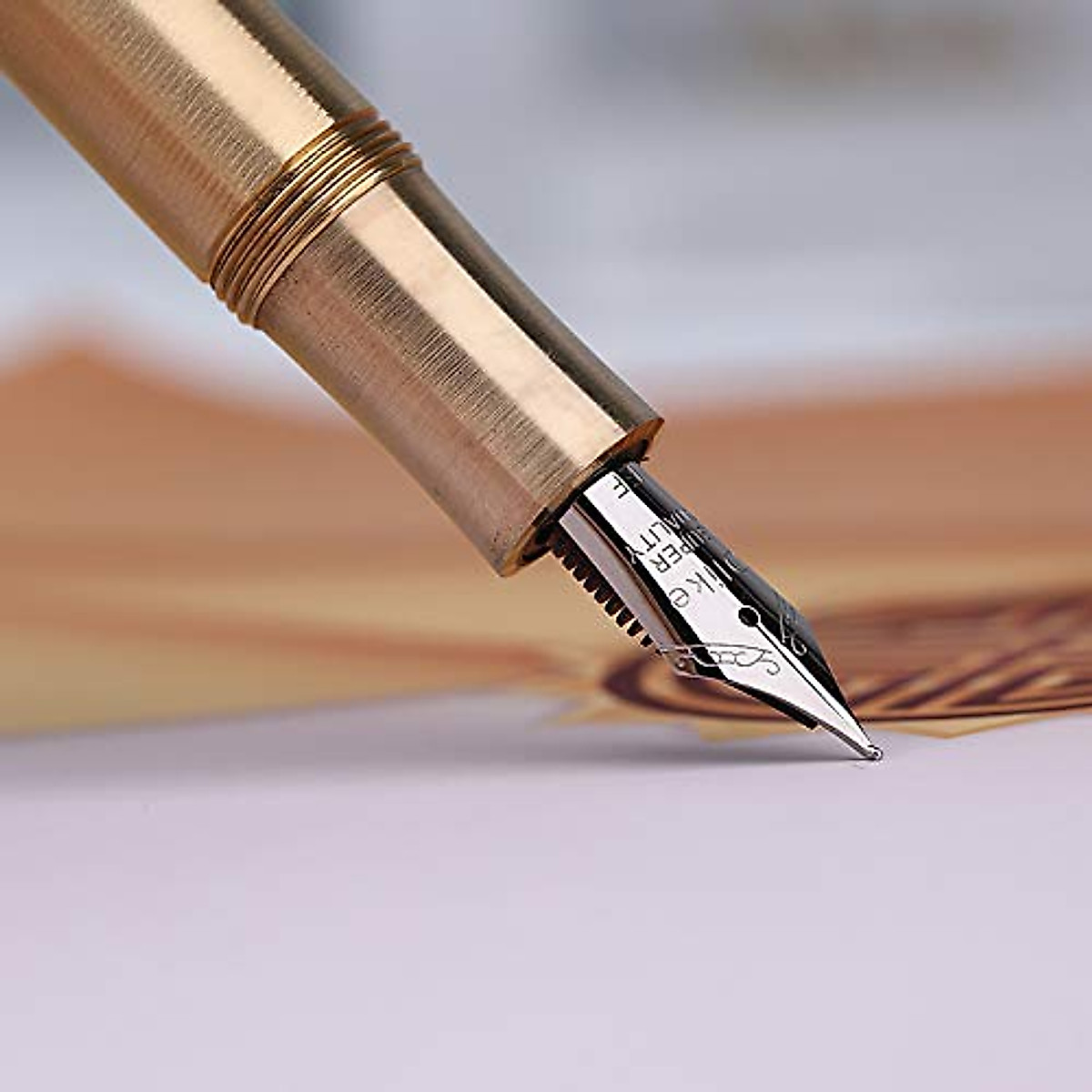 Lanxivi Brass Fountain Pen EF Bent Nib 0.7mm,Travel Pocket Fude Pen, Unique Style Bullet Shape with Metal Box