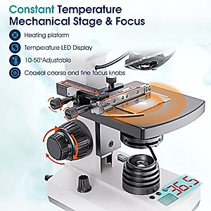 Microscope for Adults with 40X-2500X Magnification,Dual-View Lab Compound Monocular Microscopes with Adjustable Thermostat Mechanical Stage, WF10X/25X Eyepiece, 7'' LCD Screen, Built in 5MP Camera