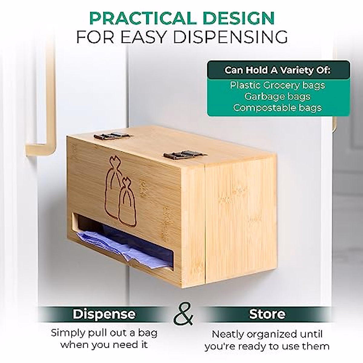 Trash Bag Dispenser Bamboo 10x6x6" - Rustic Lock & Hinges and Hanging Holes - Keep Your Plastic and Garbage Bags Within Reach - A Must-Have Kitchen Organizer that Adds a Touch of Charm to Your Space